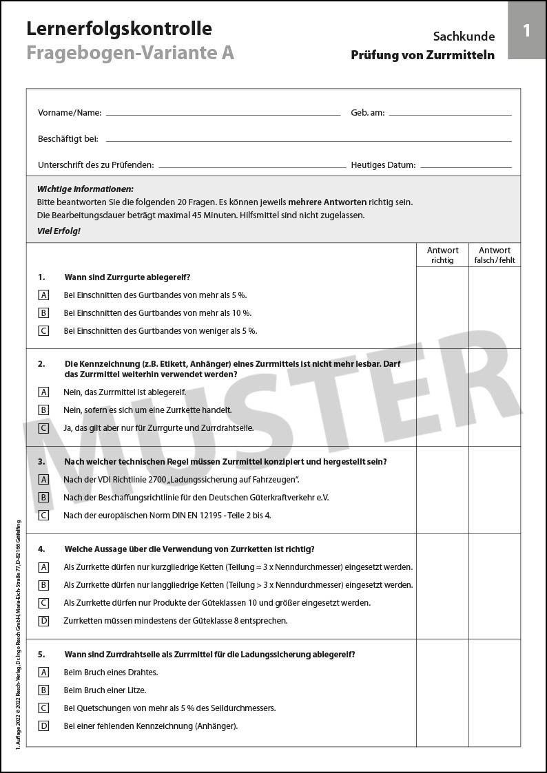 Sachkundeprüfung für Zurrmittel – Lehrsystem, Testbögen & Urkunden ...
